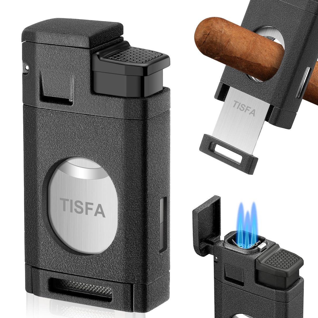 XIFEI TISFA Cigar Torch Lighter with Built in Cigar Cutter, Triple Jet